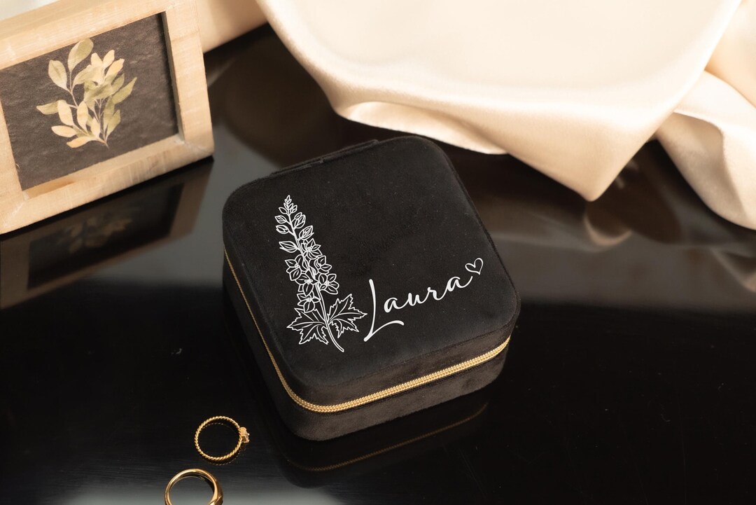 Black Velvet Small Jewelry Box, Personalized Birth Flower Jewelry Box ...