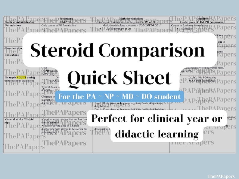 Steroid Comparison Quick Sheet / Physician Assistant Student / Nurse ...