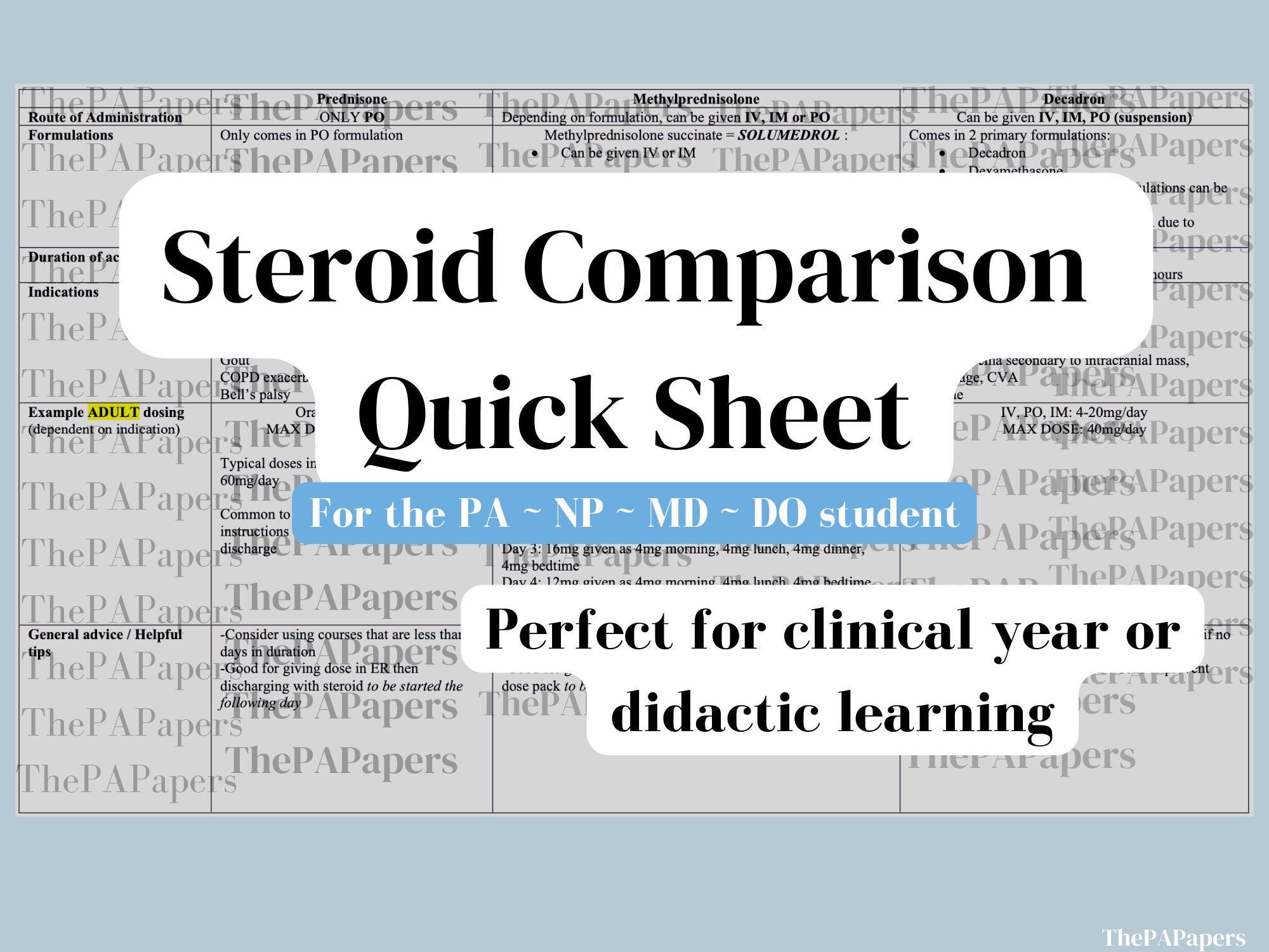 Steroid Comparison Quick Sheet / Physician Assistant Student / Nurse ...