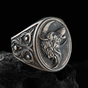 Signet Men Wolf Ring, Silver Wolf Head Ring, Wild Wolf Men Rings, Wolf ...