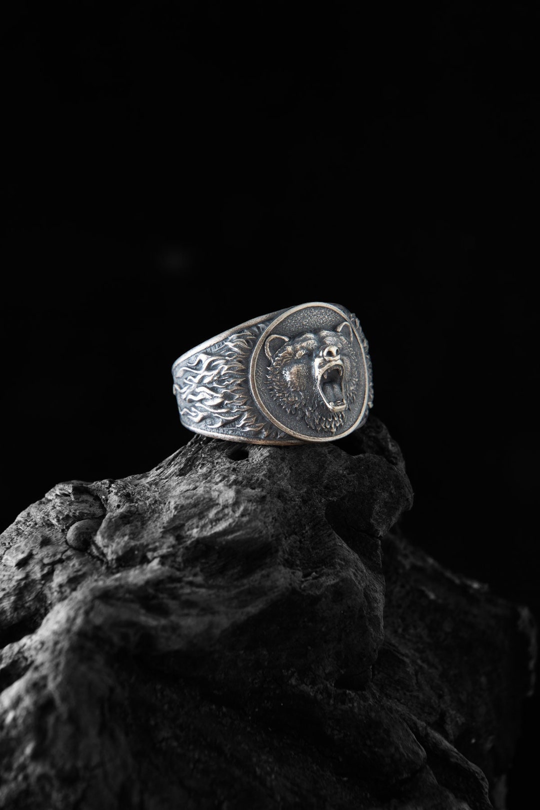 Sterling Silver Bear Head Man Ring, Silver, Pinky Man Gothic Ring ...