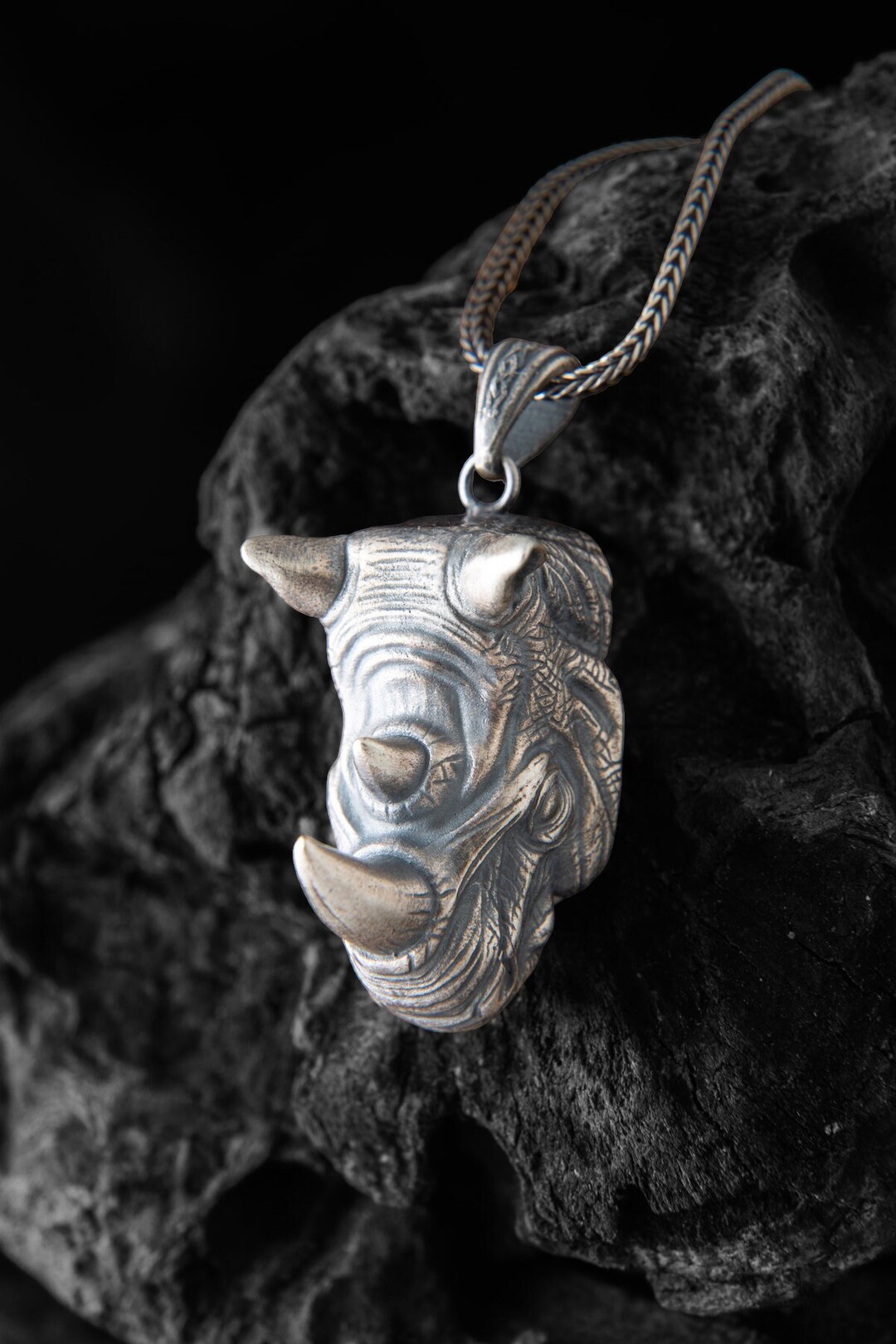 Rhino Necklace Silver, Detailed Rhino Pendant, Rhino Head Pendant, Rhino Chain Necklace, Large ...