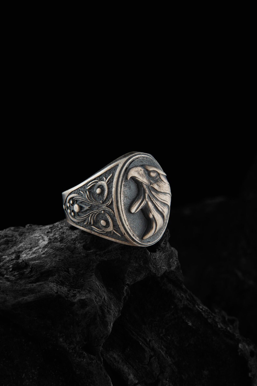 Mens Silver Eagle Ring, Hawk Head Signet Ring, Silver Viking Ring ...