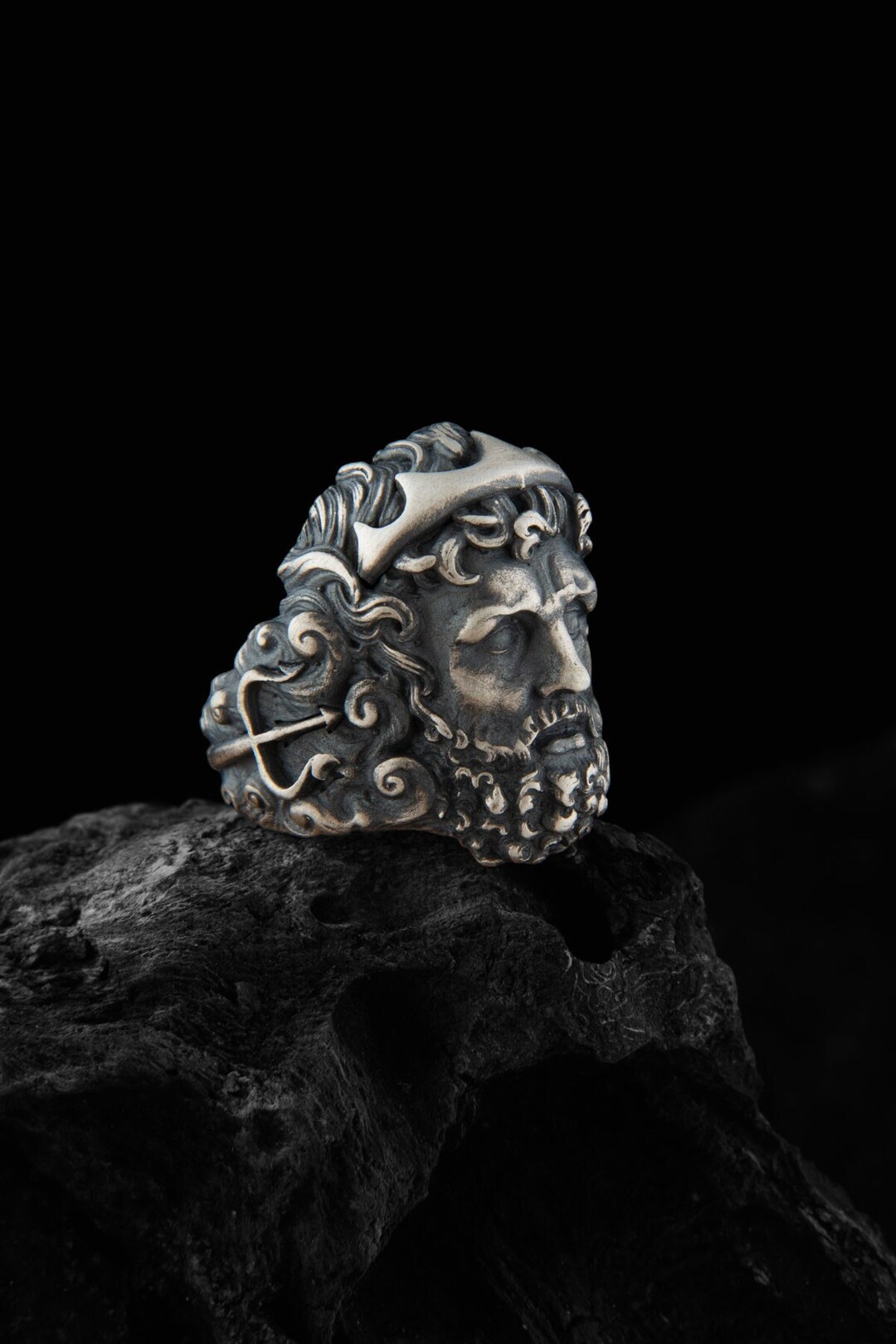 Silver Poseidon God of Sea Men's Ring, Greek God Poseidon Trident Ring ...