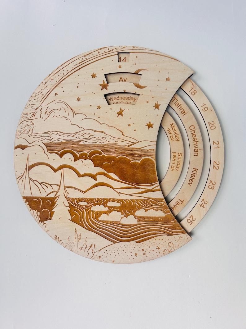 Perpetual Hebrew Calendar With Lunar Scene | Handcrafted Modern Jewish ...