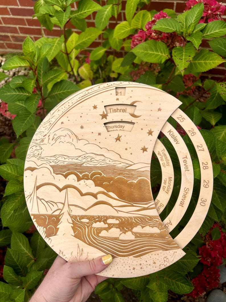Perpetual Hebrew Calendar With Lunar Scene | Handcrafted Modern Jewish ...