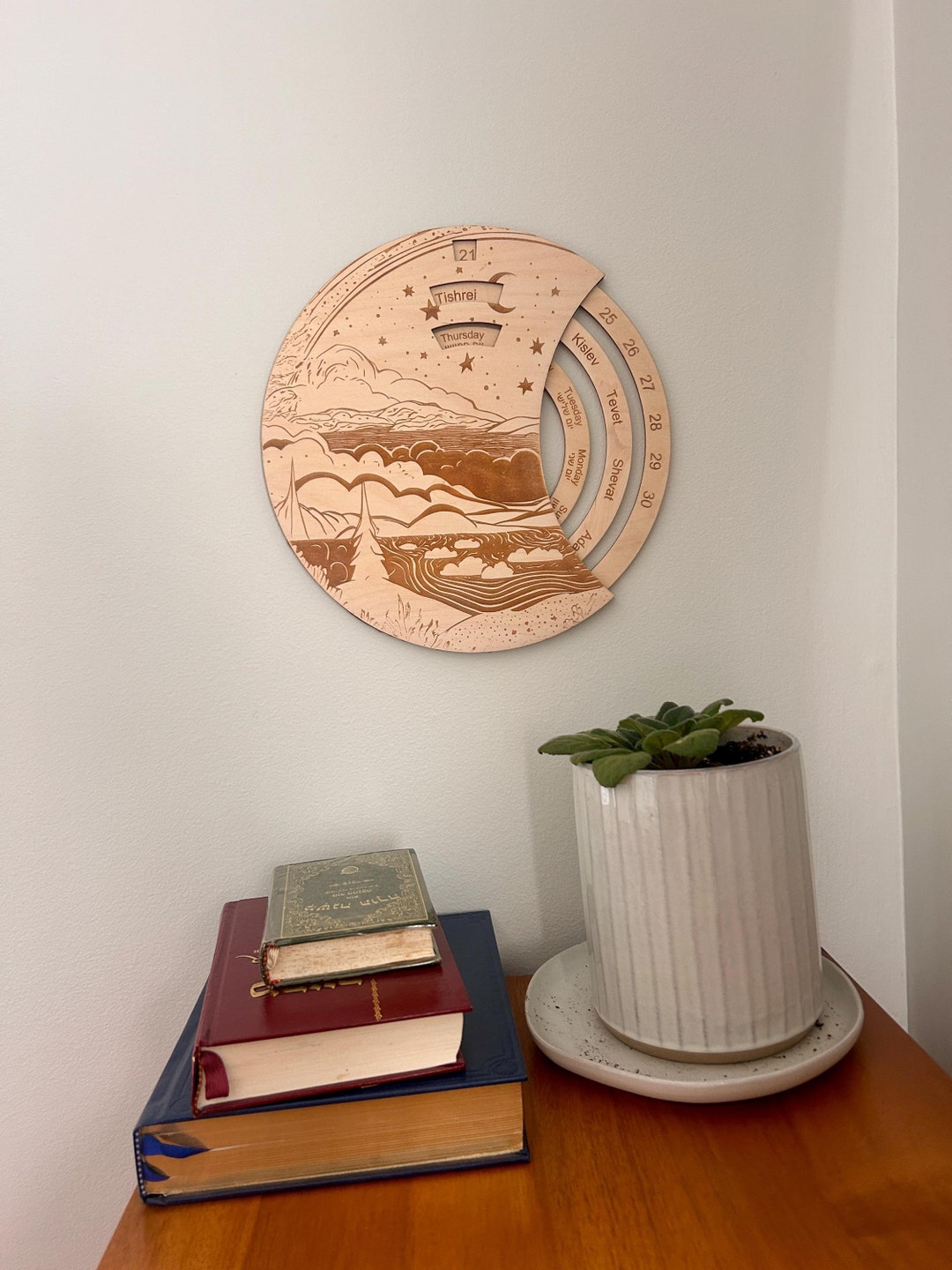 Perpetual Hebrew Calendar With Lunar Scene | Handcrafted Modern Jewish ...