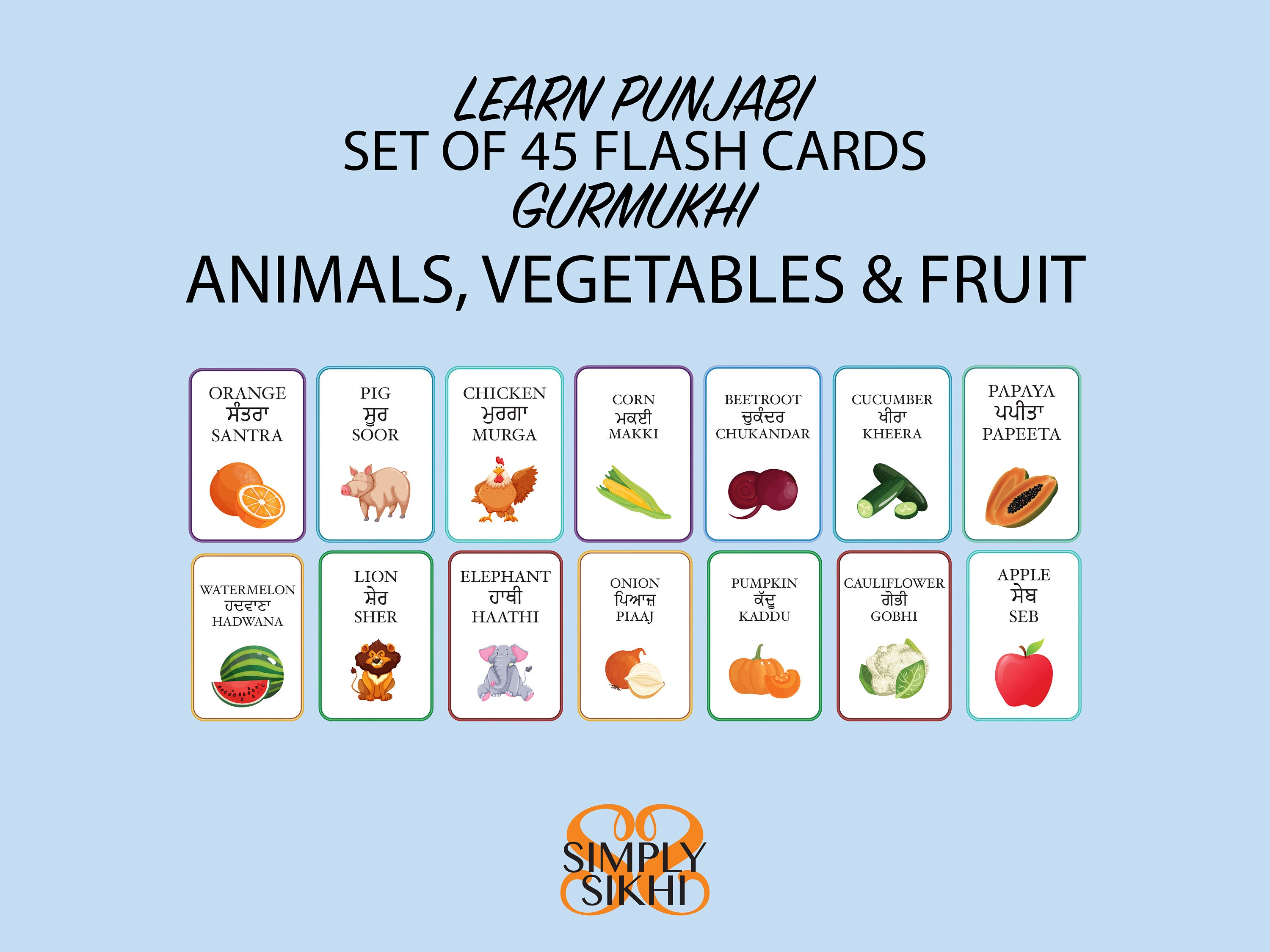 45 Learn Punjabi Flash Cards, Fruit, Animals and Vegetables in Punjabi ...