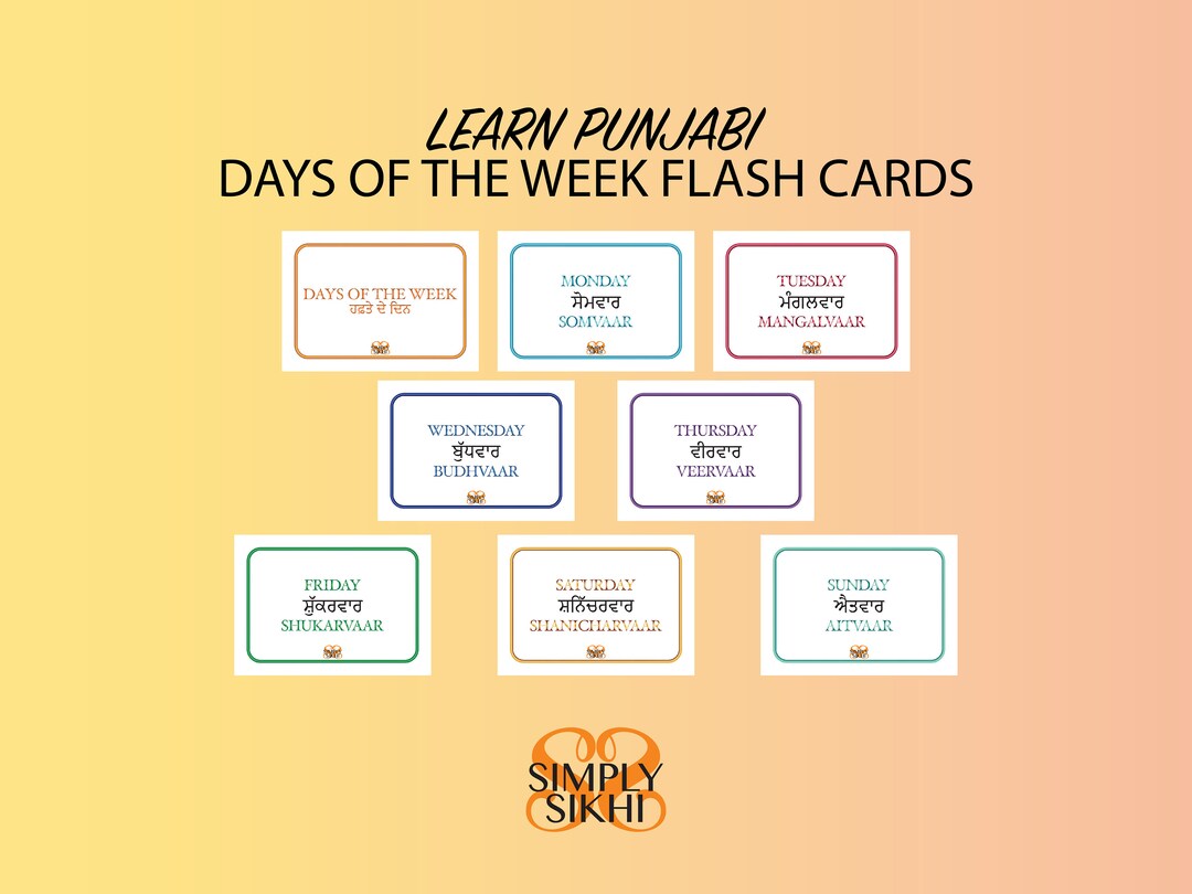 Gurmukhi Days in Punjabi Flash Cards, Week Days, Sikh, Week Days in ...