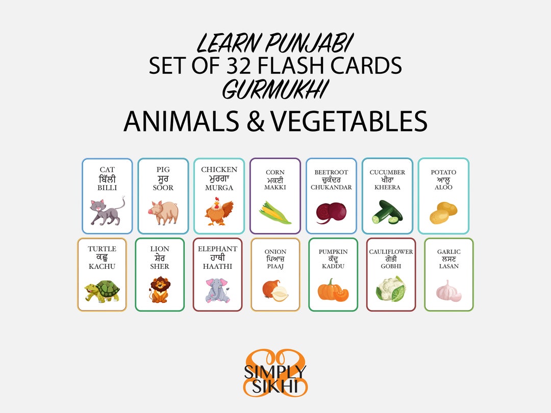 32 Learn Punjabi Flash Cards, Animals and Vegetables in Punjabi ...