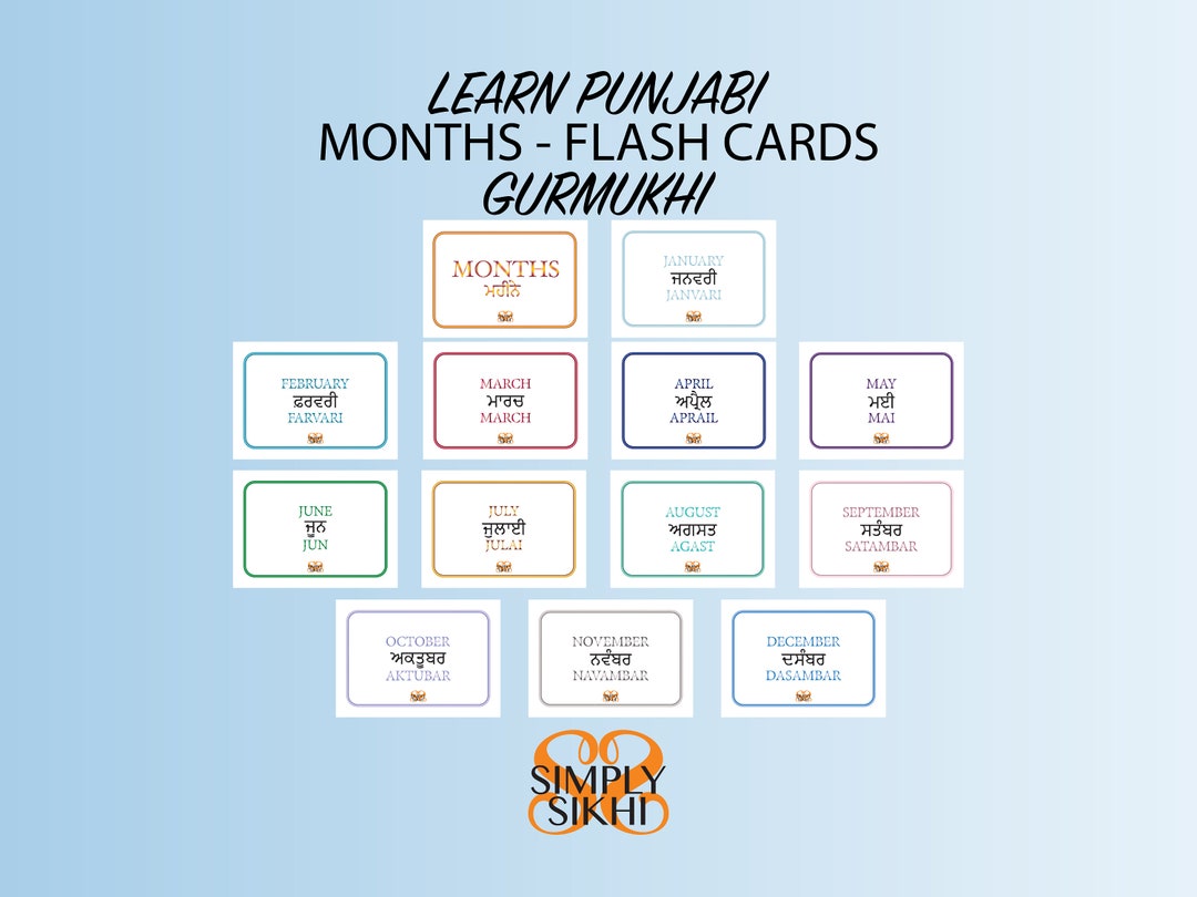 Months in Punjabi Flash Cards, Week Days, Sikh, Months in Gurmukhi ...
