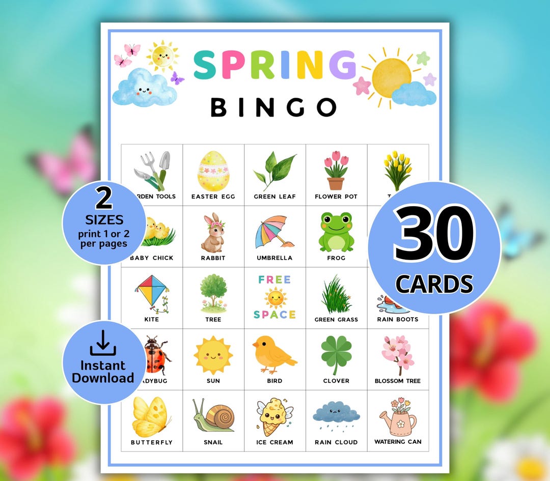 Spring Bingo Game Printable, 30 Unique Cards, Kids Spring Activity ...