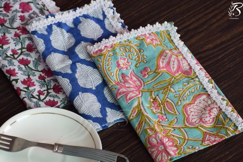 Assorted Napkins Handblock Printed Napkin Set With Border Cotton Boho ...