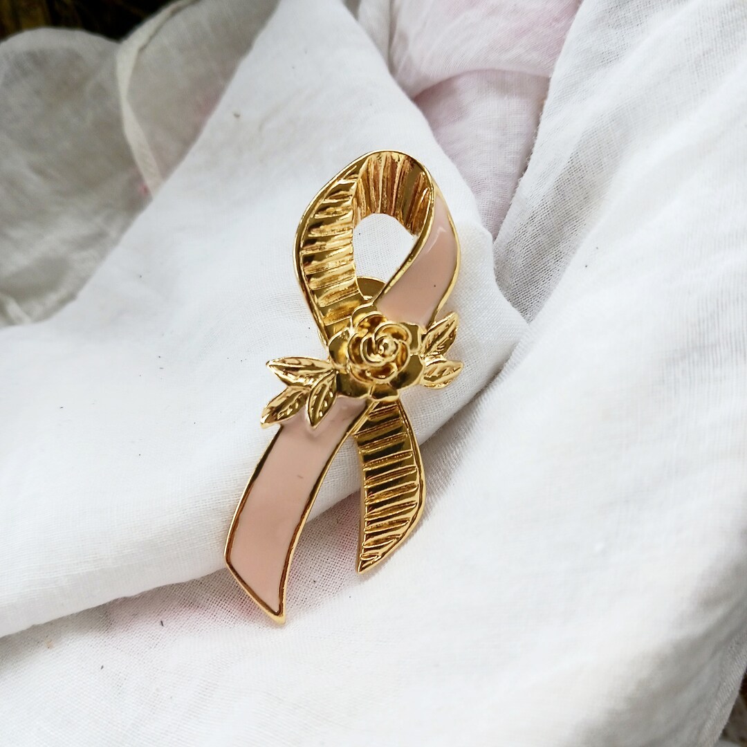 Vintage Avon Pink Ribbon Brooch, Gold Floral Accent - Etsy