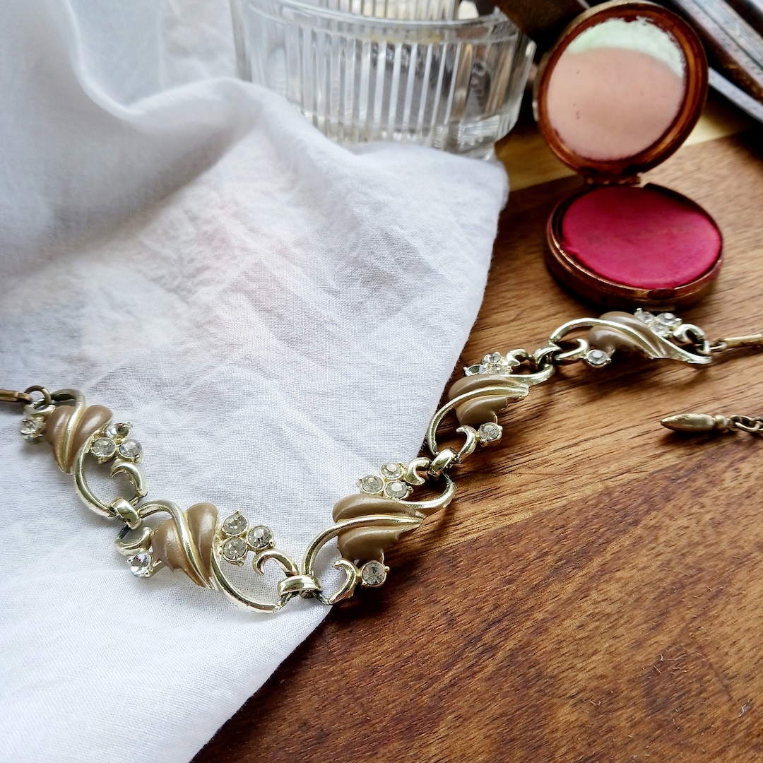 Vintage Repeating Leaf Rhinestone Necklace, Neutral Two Tone Adjustable ...