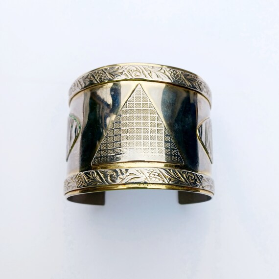 Vintage brass tribal cuff, triangle applique wide pri… - Gem