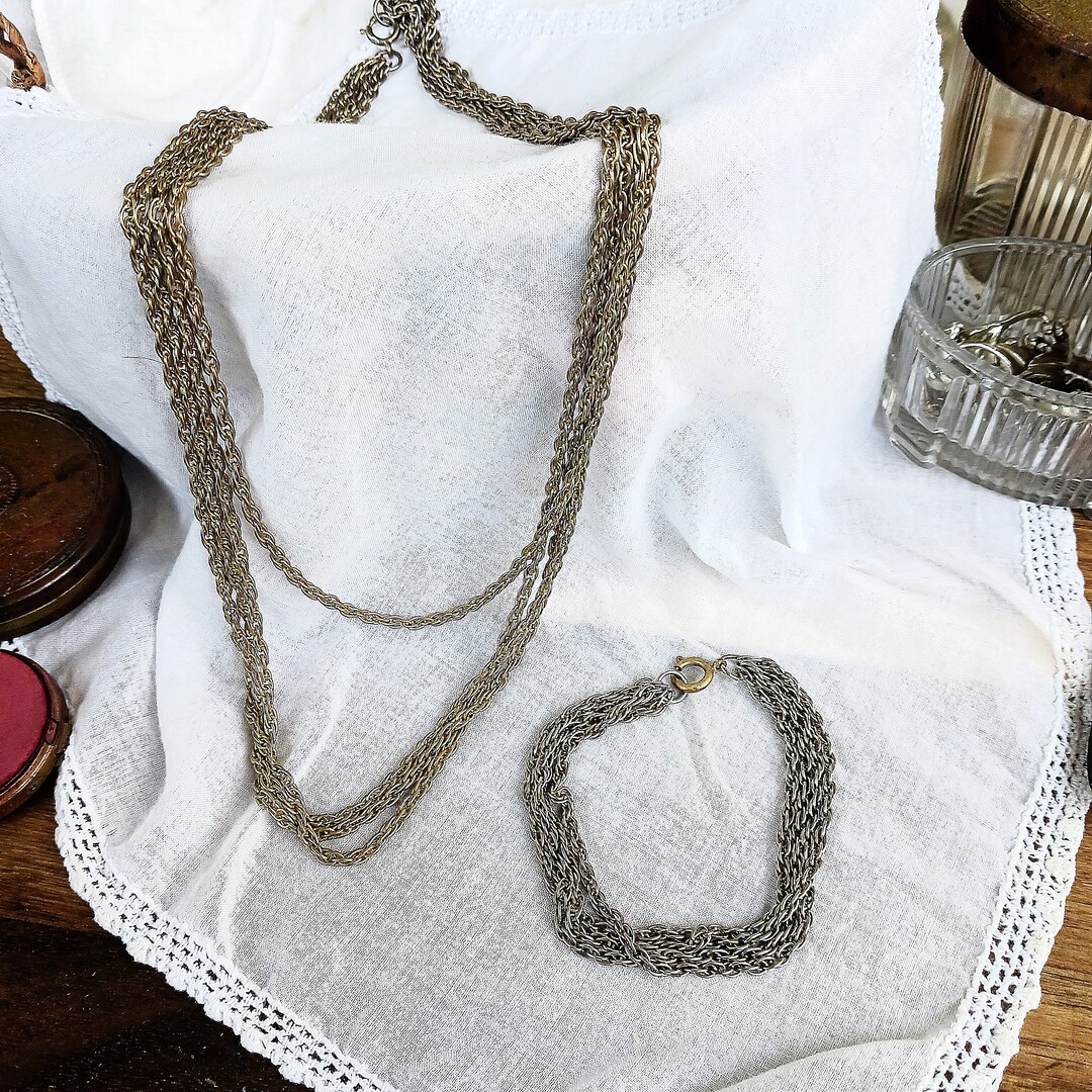 Vintage Four Strand Chain Necklace and Matching Bracelet, Gold Tone ...