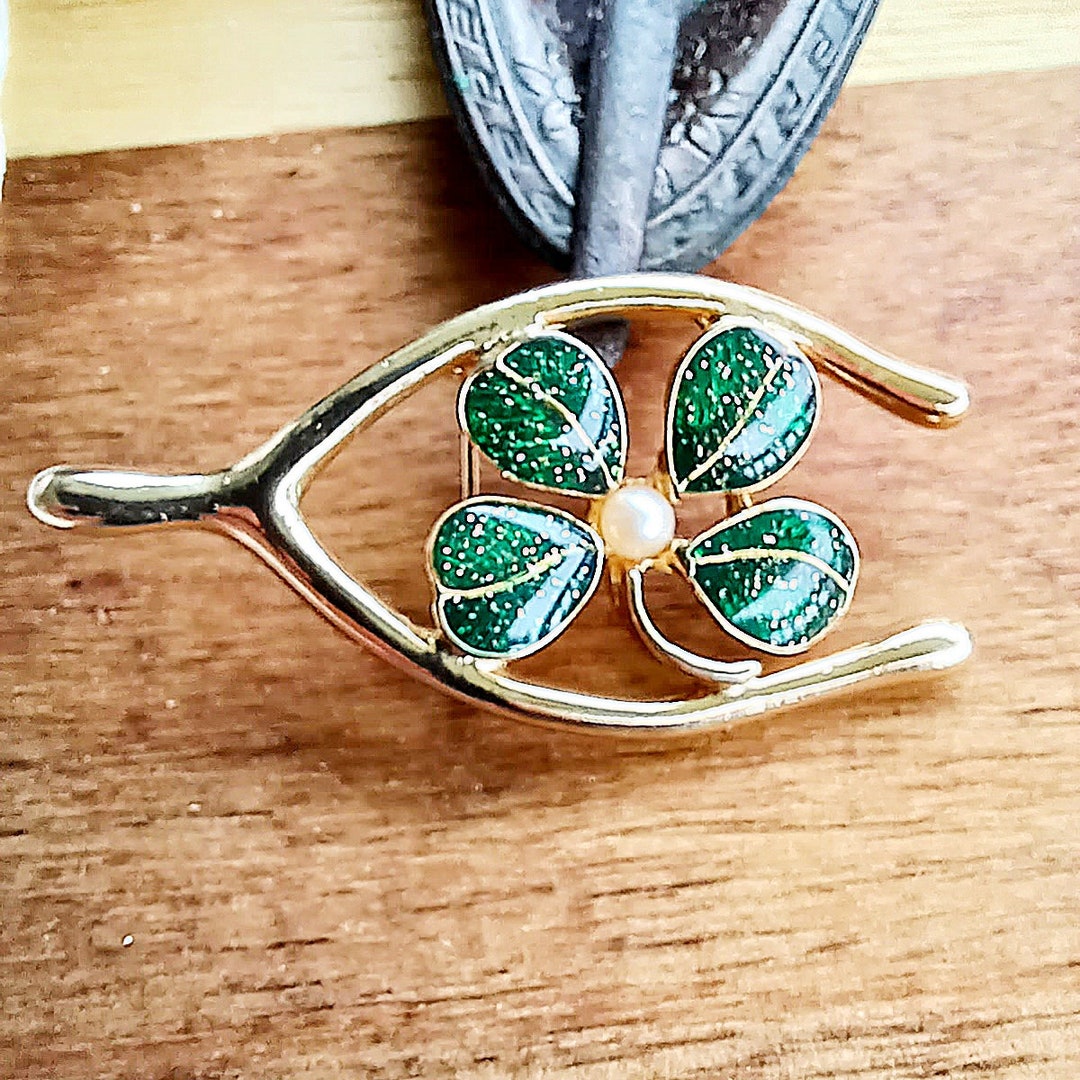 Vintage Signed JJI Wishbone Four Leaf Clover Brooch, Gold Tone Shamrock ...