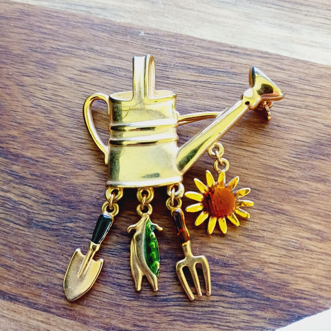 Vintage Watering Can Brooch With Dangling Tools, Gardener Pin - Etsy