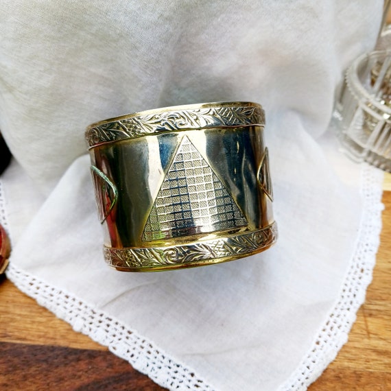 Vintage brass tribal cuff, triangle applique wide pri… - Gem