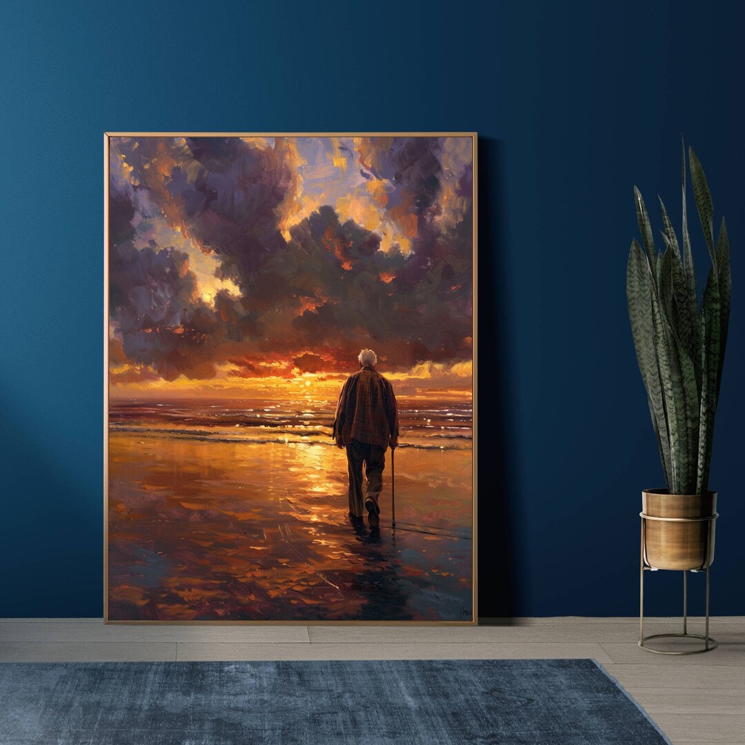 Old Man Walking on a Beach Sunset Wall Art Digital Print Painting Decor ...