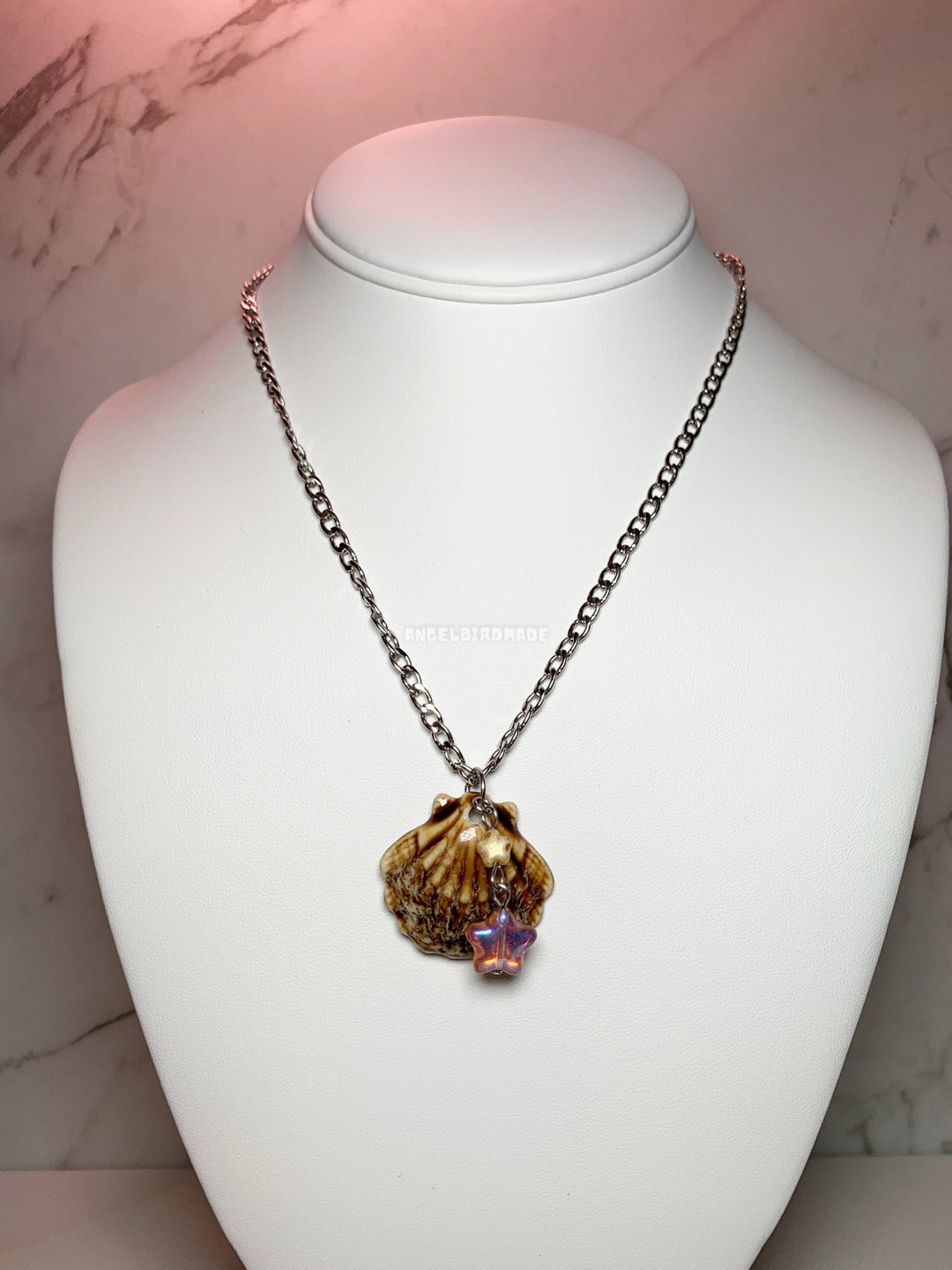 Mermaid Shell Necklace | Porcelain and Glass Bead Silver Steel Chain ...