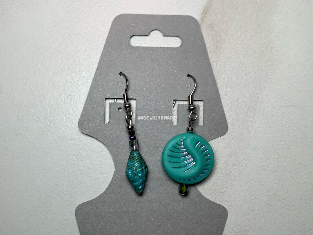Teal Mismatch Shell Pressed Glass Earrings, Stainless Steel | Ocean ...