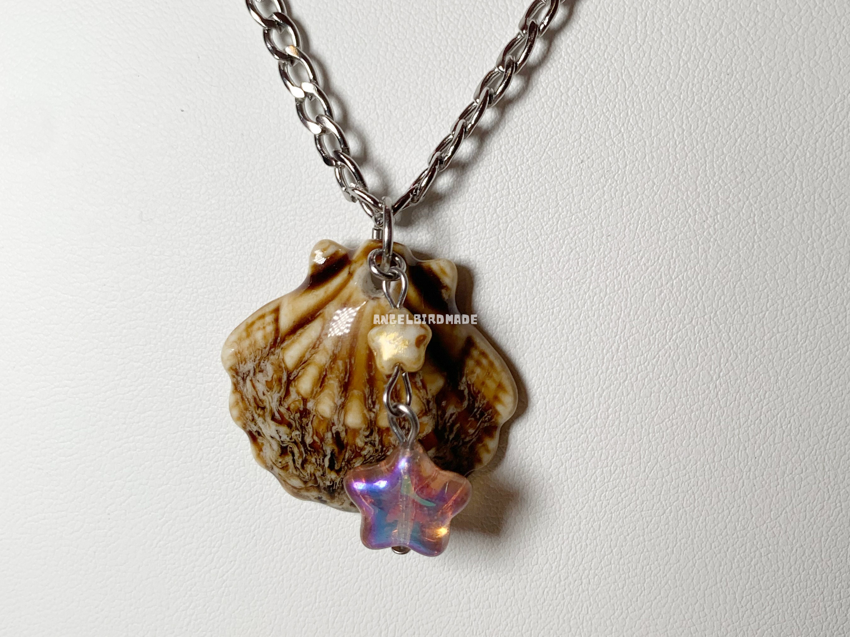 Mermaid Shell Necklace | Porcelain and Glass Bead Silver Steel Chain ...