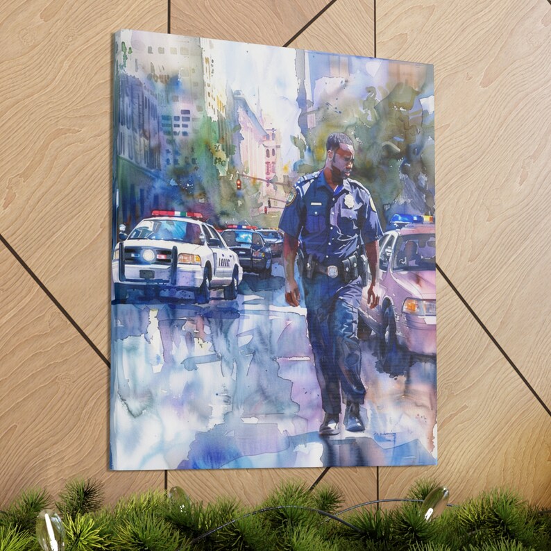 African American Police Officer 1 Canvas Gallery Wraps Watercolor Black ...