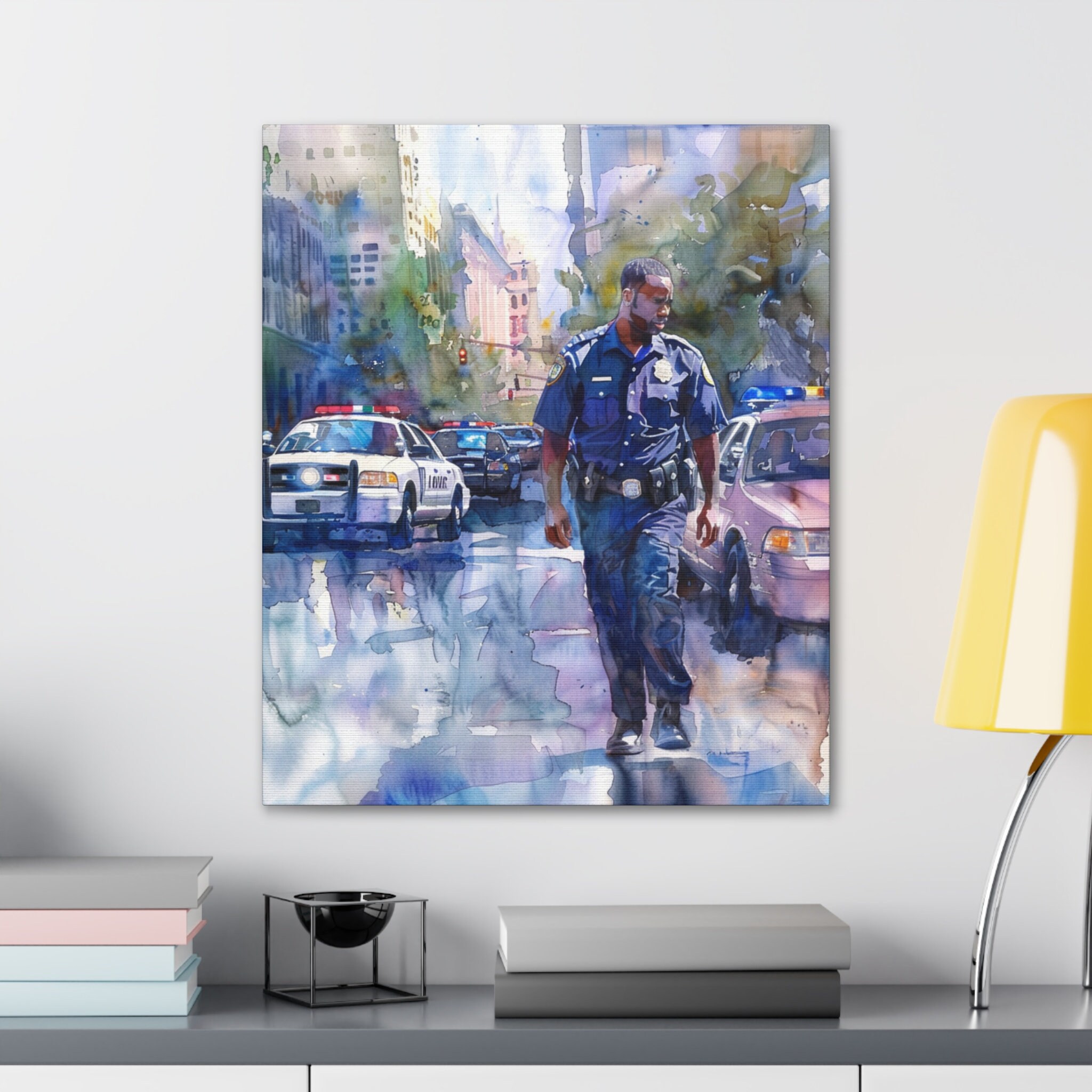 African American Police Officer 1 Canvas Gallery Wraps Watercolor Black ...
