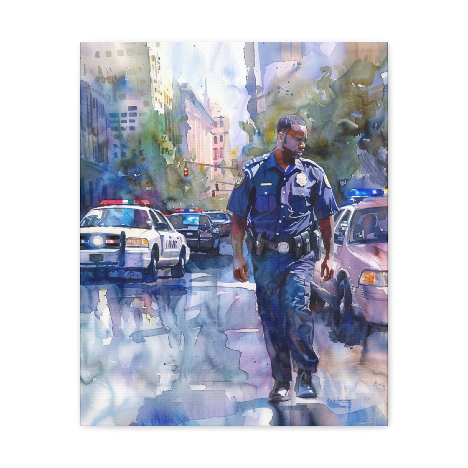 African American Police Officer #1 Canvas Gallery Wraps Watercolor ...