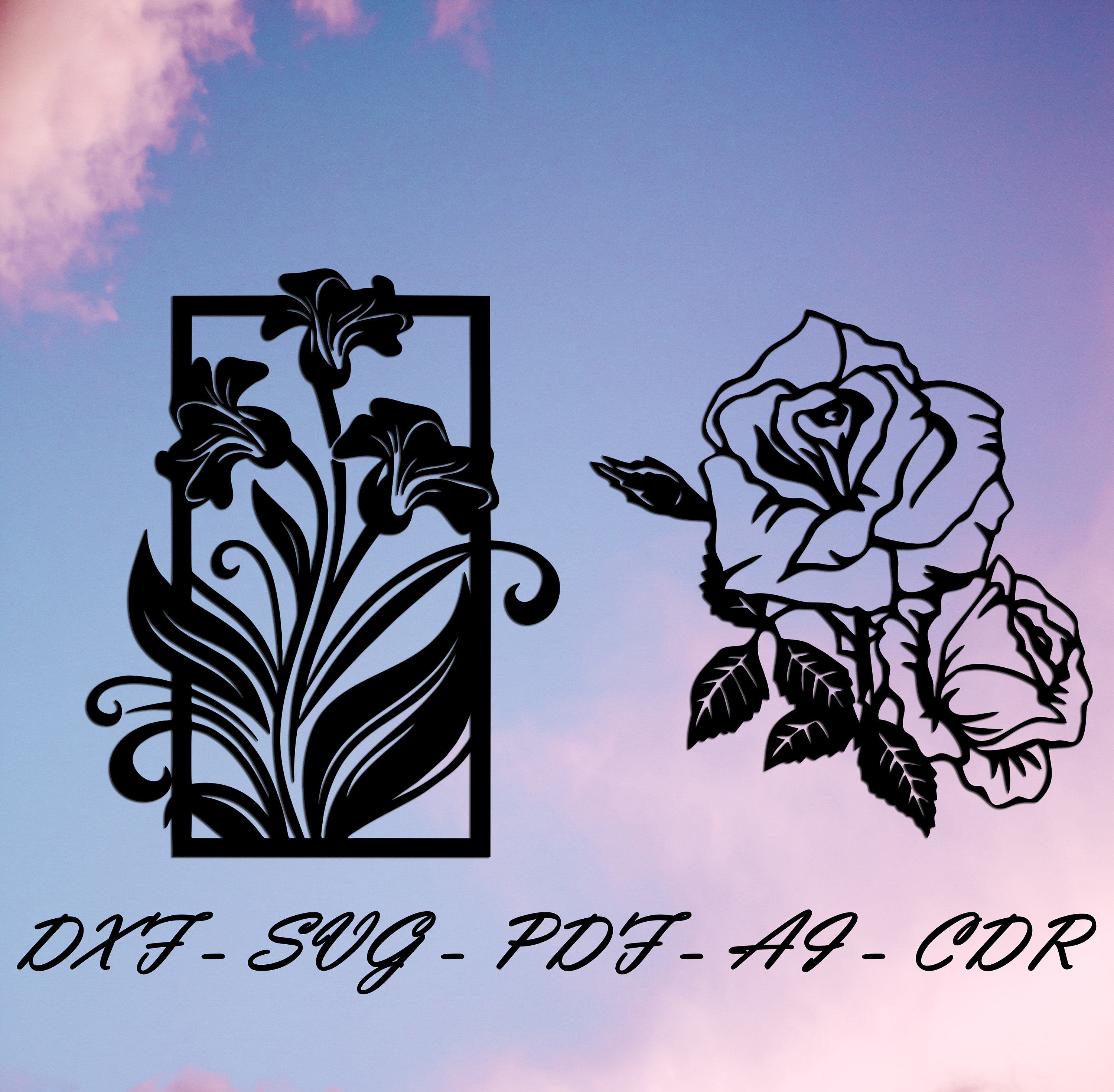 Blumen 2 Stück Plotterdatei svg dxf Datei Wandsticker pdf Silhouette ...