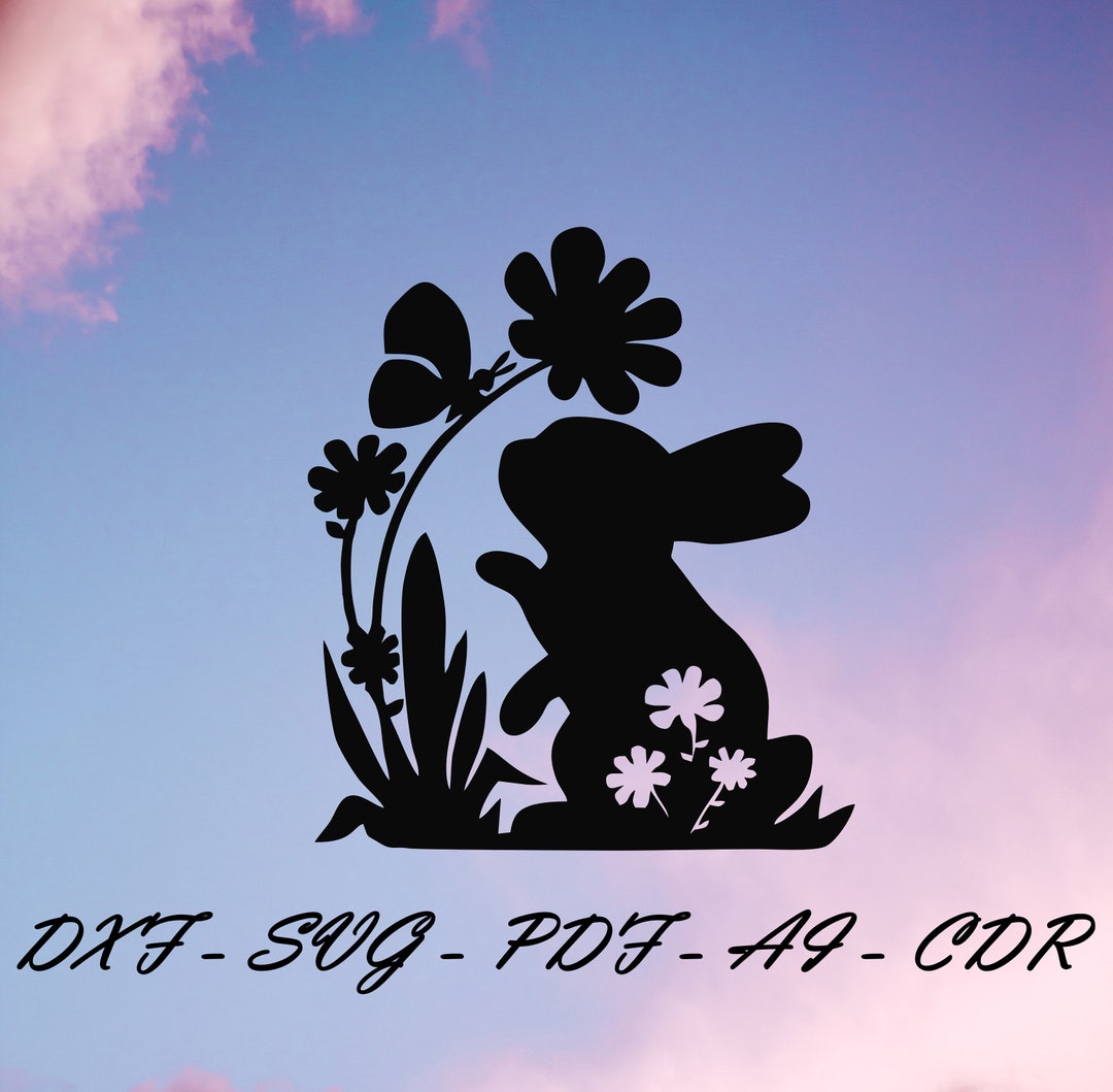 Rabbit Flowers Cut Svg Dxf File Wall Sticker Pdf Silhouette Template ...
