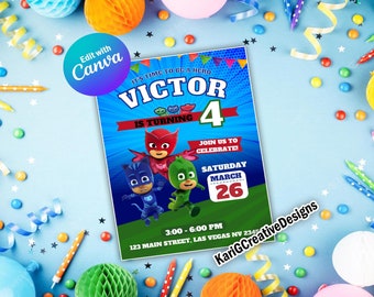 Pj Masks Invitation Canva - Etsy
