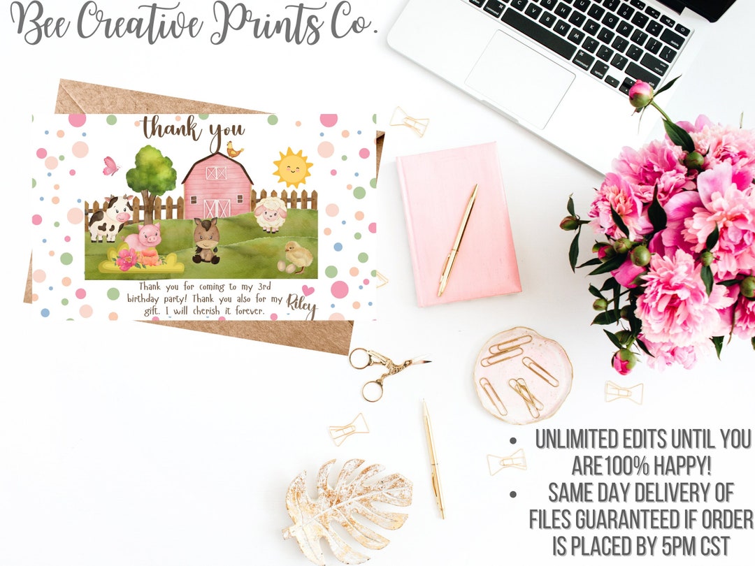 Thank You Card, Birthday Party Thank You, Farm Theme Thank You Cards ...