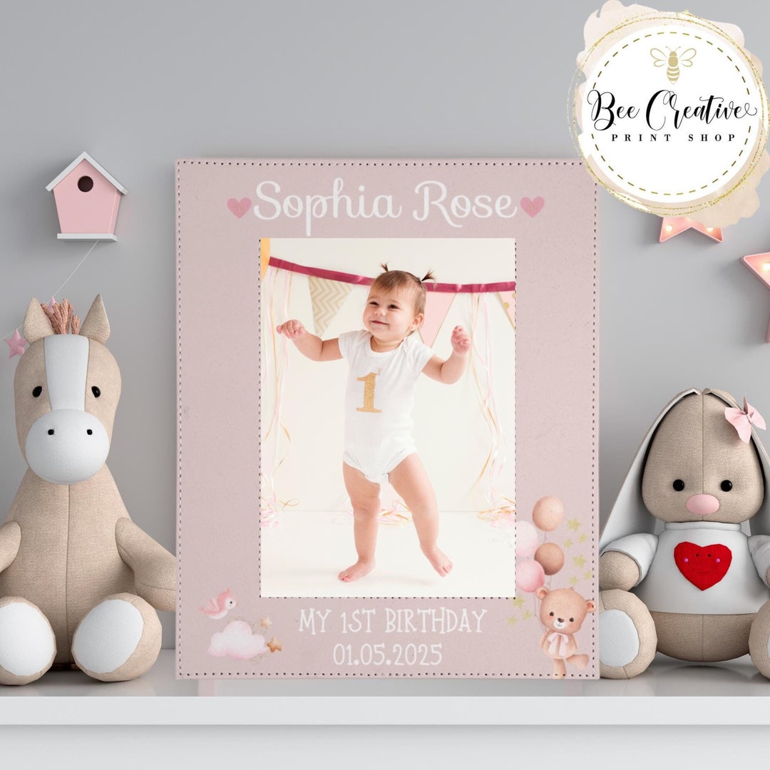 Personalized Baby Girl 1st Birthday Picture Frame: Rose Gold Bear ...
