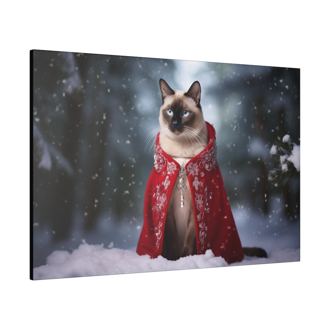 Regal Siamese Cat in Red Velvet Cape Christmas Art Print Elegant Cat in ...
