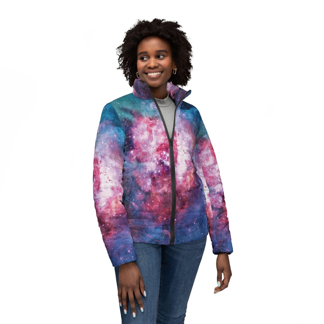 Women's Cosmic Nebula Puffer Jacket, Ski Style Stars Cosmos Winter Coat ...