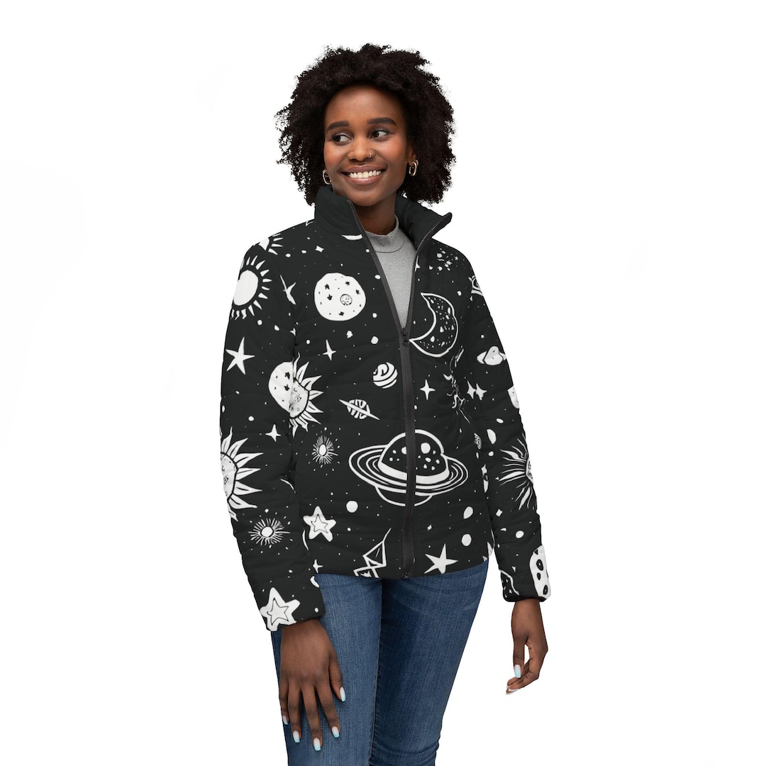 Cosmic Women's Puffer Jacket, Space Illustration, Galaxy Outerwear ...