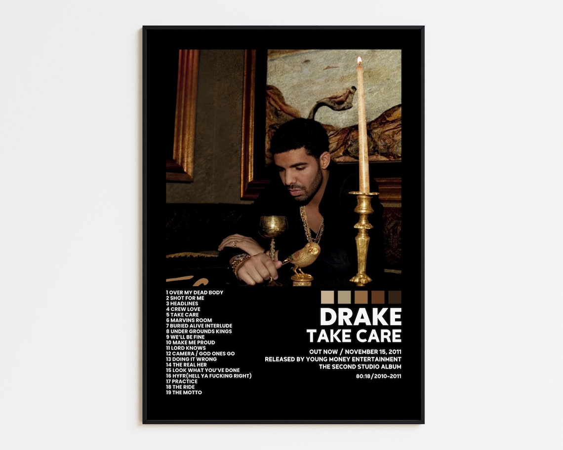 Drake Cover Poster, Take Care Album Wall Print, Tracklist Poster, Drake ...