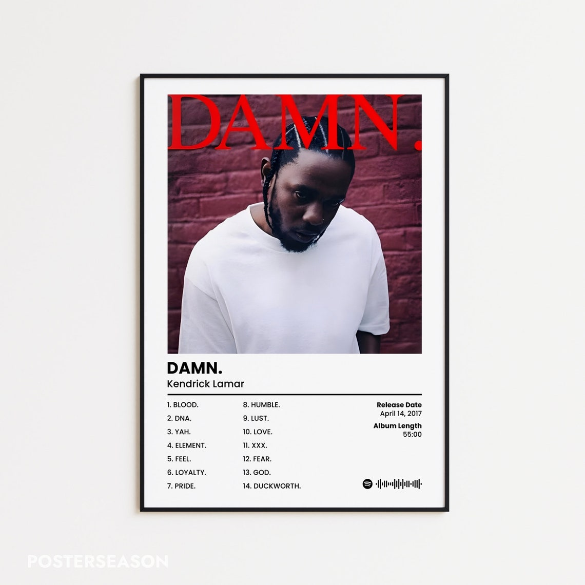 Kendrick Lamar Album Poster, DAMN Album Cover Wall Print, Tracklist ...