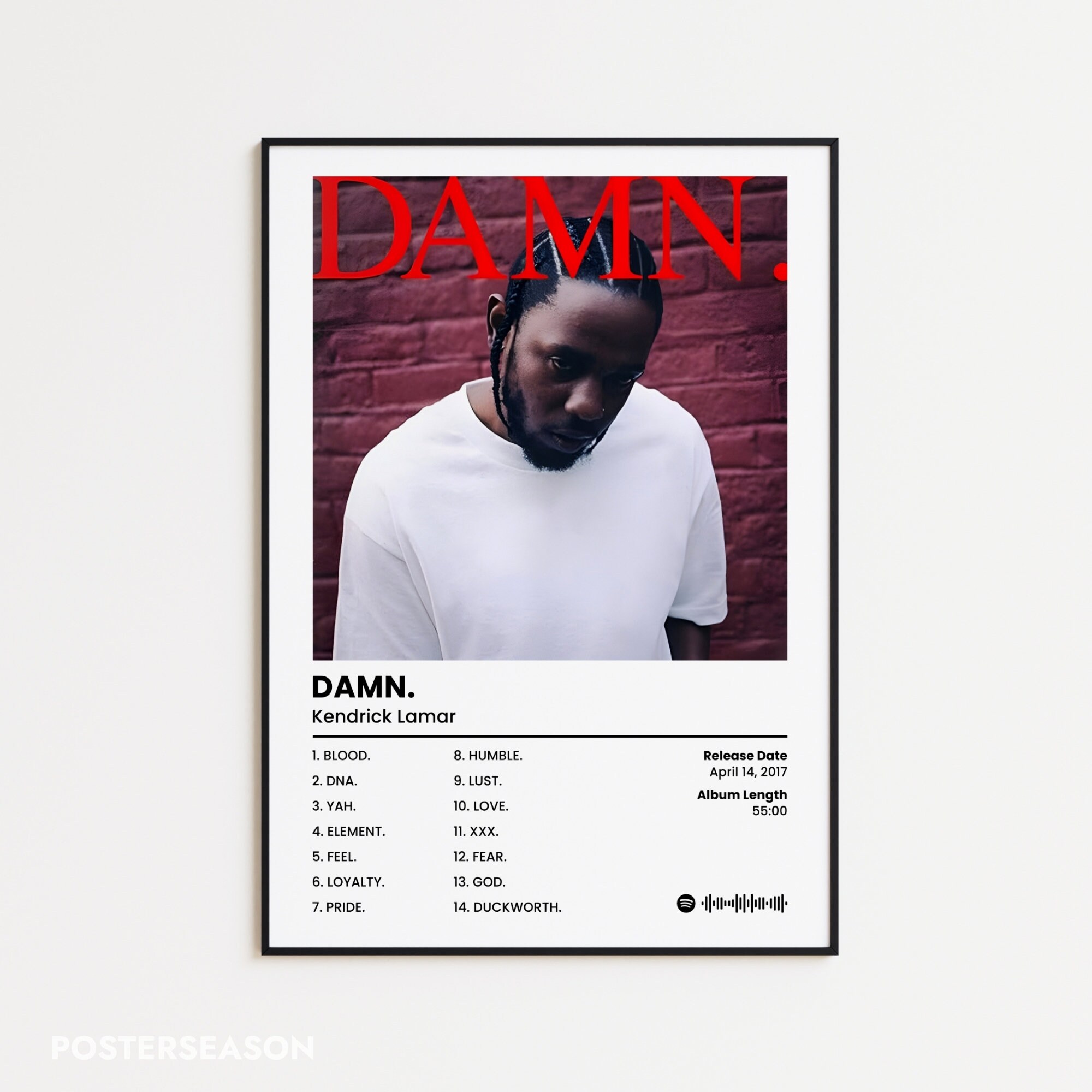 Kendrick Lamar Album Poster, DAMN Album Cover Wall Print, Tracklist ...