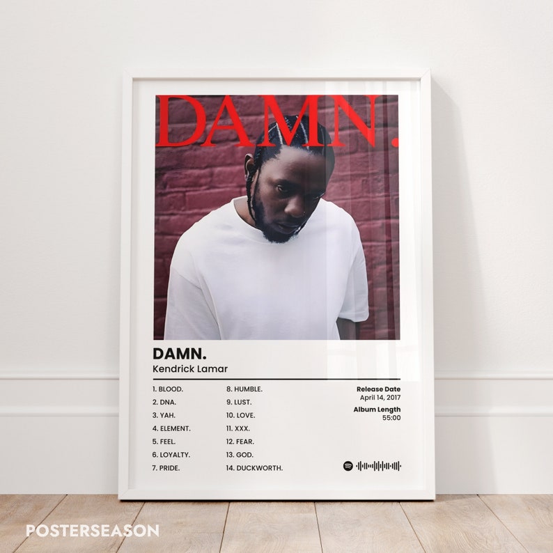 Kendrick Lamar Album Poster, DAMN Album Cover Wall Print, Tracklist ...