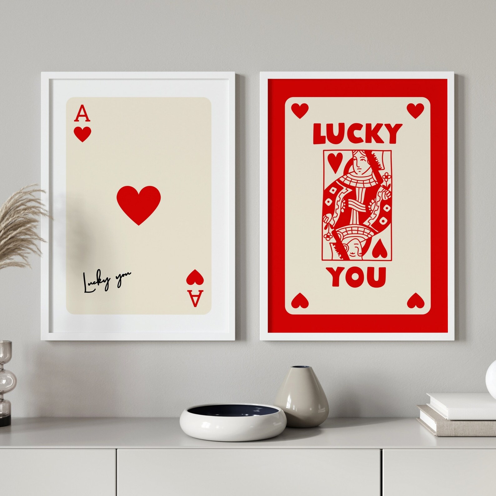 Trendy Retro Wall Art Set of 2, Lucky You Poster, Red Ace Card Print ...