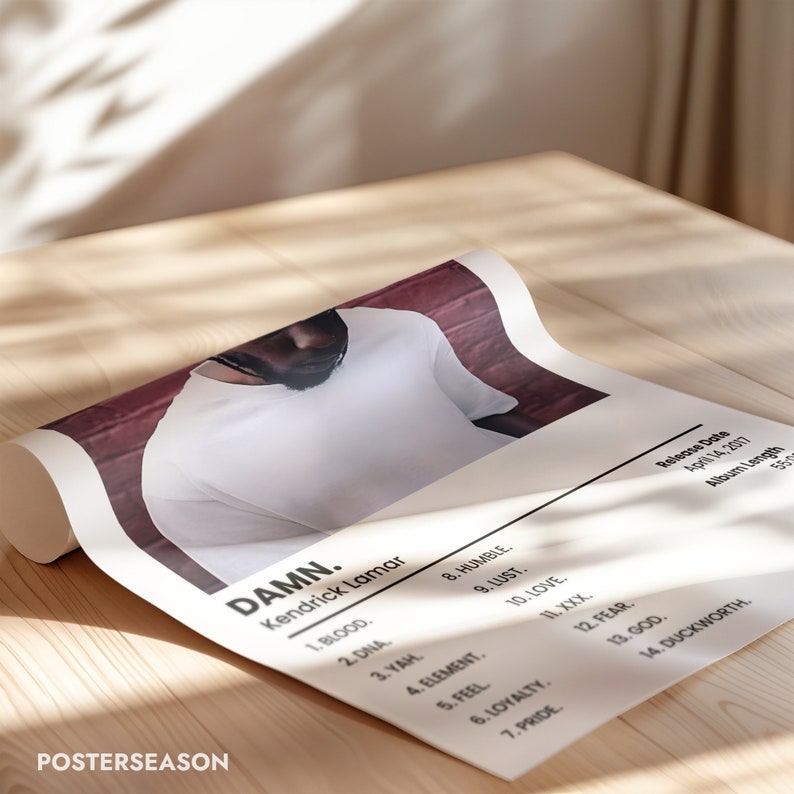 Kendrick Lamar Album Poster, DAMN Album Cover Wall Print, Tracklist ...
