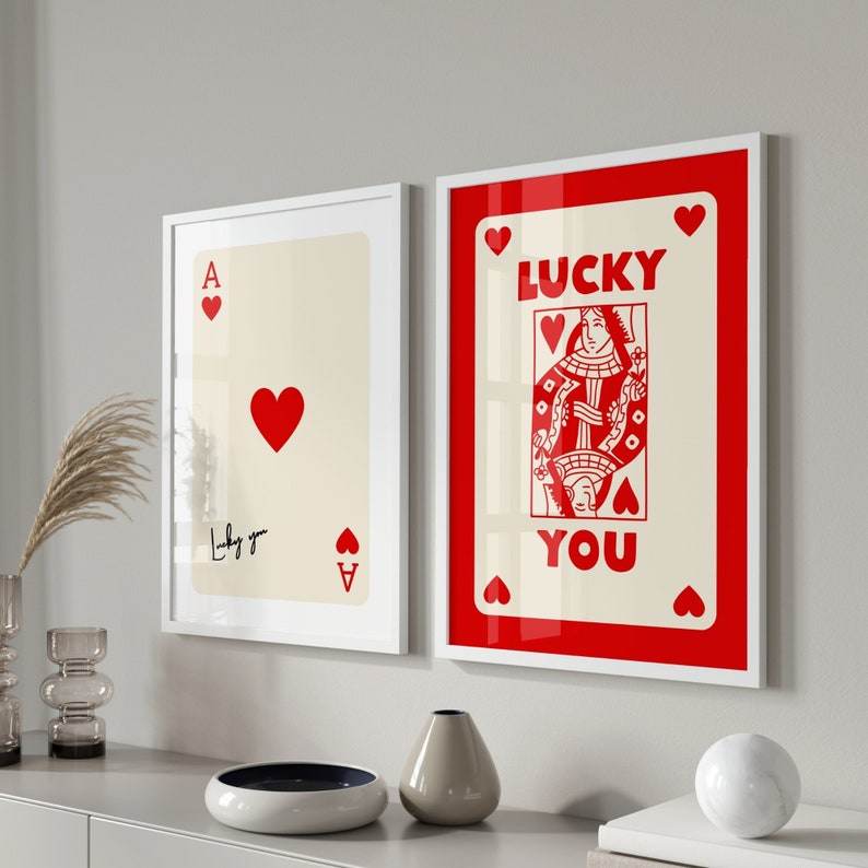 Trendy Retro Wall Art Set of 2, Lucky You Poster, Red Ace Card Print ...