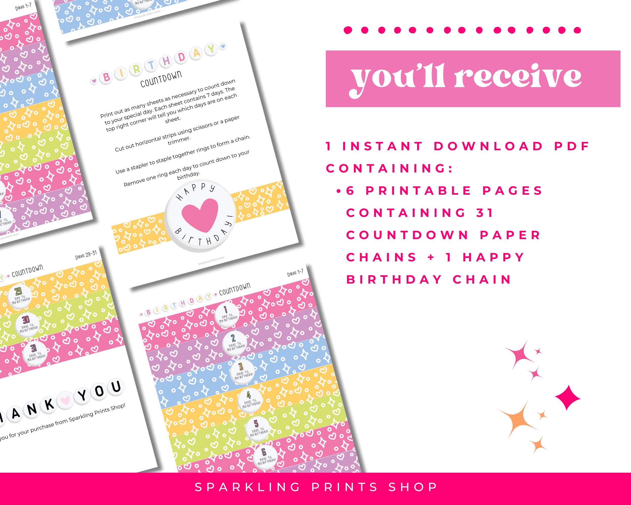 31-day Birthday Countdown Paper Chain Printable | Pastel Rainbow ...