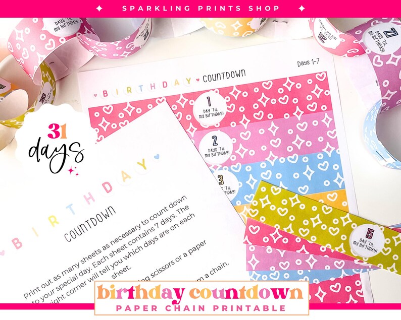 31-day Birthday Countdown Paper Chain Printable | Pastel Rainbow ...