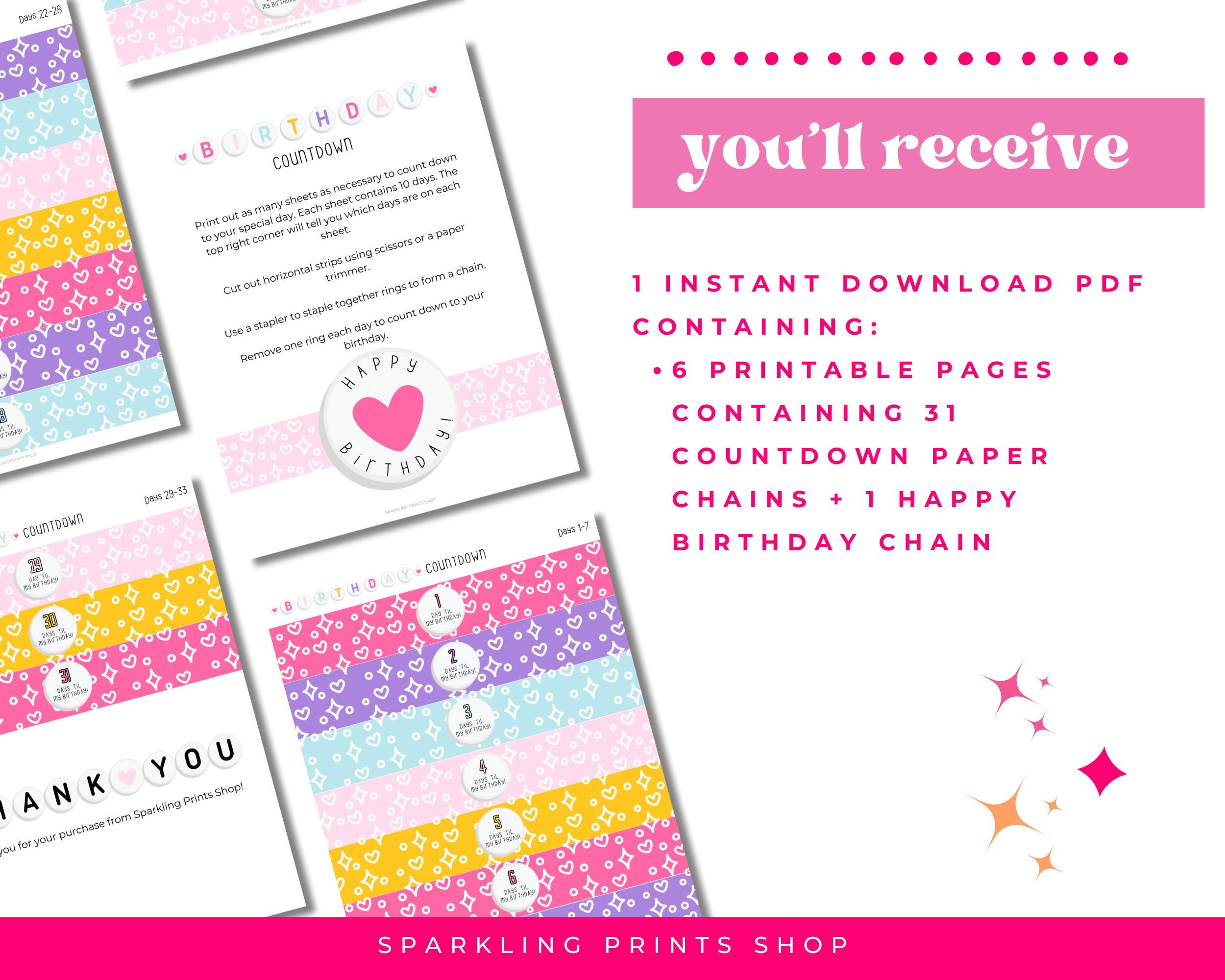 31-day Birthday Countdown Paper Chain Printable | Colorful DIY Party ...