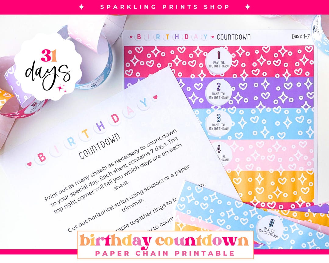 31-day Birthday Countdown Paper Chain Printable | Colorful DIY Party ...